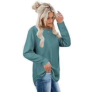 Dofaoo Sweatshirts for Women Crewneck 2024 Fall Tops Lightweight Sweater Solid Color Green XL