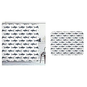 Ambesonne Sea Animals Shower Curtain & Bath Mat Bundle, Sharks Swimming Horizontal Silhouettes Powerful Dangerous Wild Life, Set of 2 with a Bathroom Drape and Plush Mat for Decor, Charcoal Grey White
