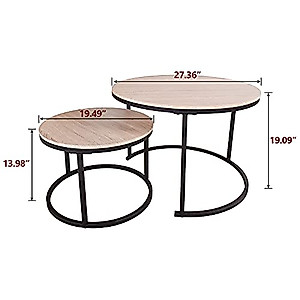 HOJINLINERO Industrial Round Coffee Table Set of 2 End Table for Living Room,Stacking Side Tables, Sturdy and Easy Assembly,Wood Look Accent Furniture with Metal Frame,Black+Teak Oak…