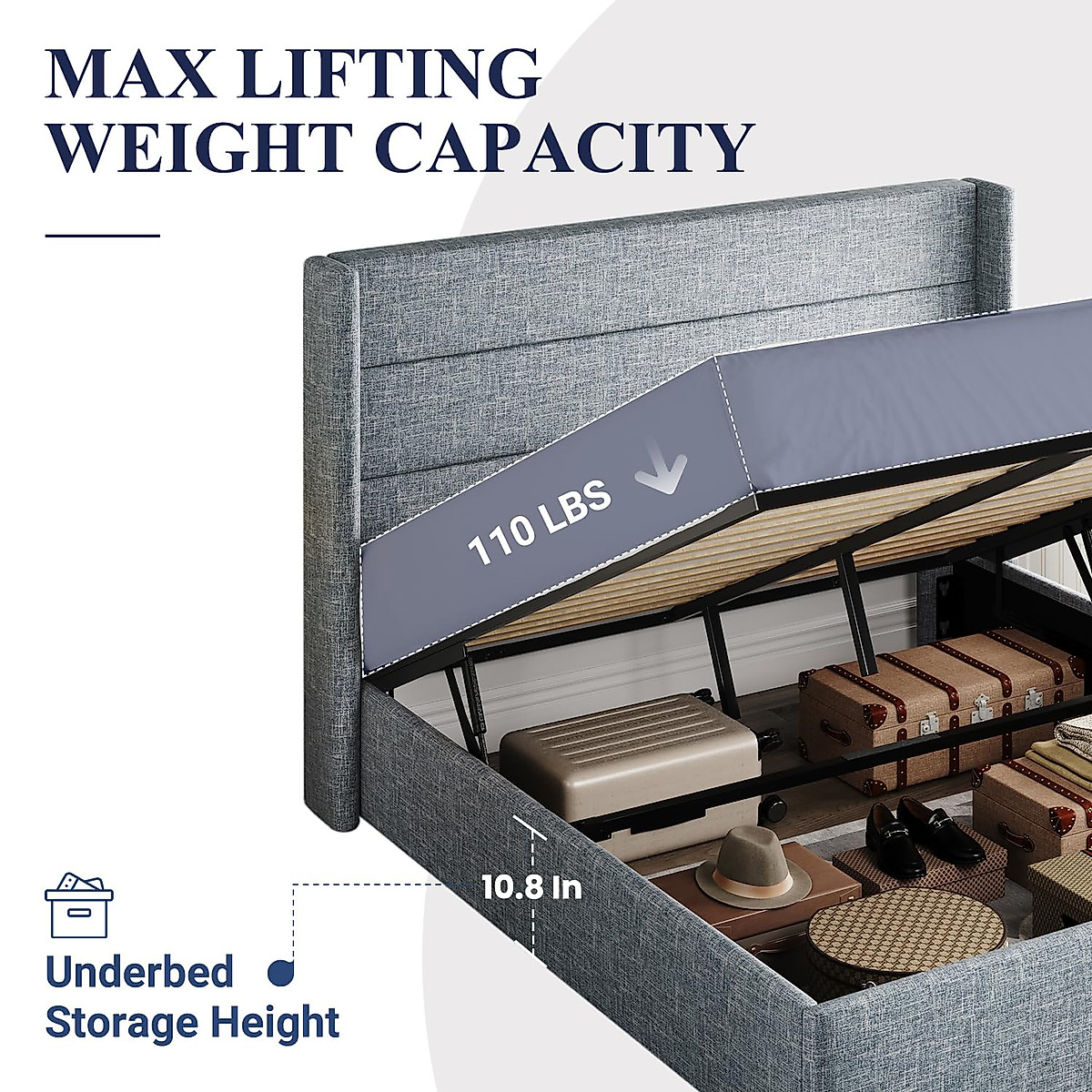 Allewie Full Size Lift Up Storage Bed, Modern Wingback Headboard, Hydraulic Support, No Box Spring Needed, Grey Blue