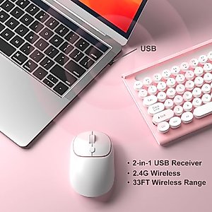 Typewriter Style Wireless Keyboard and Mouse Combo, Cute Pink Wireless Keyboard Mute Keyboard 2.4G with Retro Round Keycap Ergonomic Design and Waterproof Keyboard Mouse Combo, White & Pink