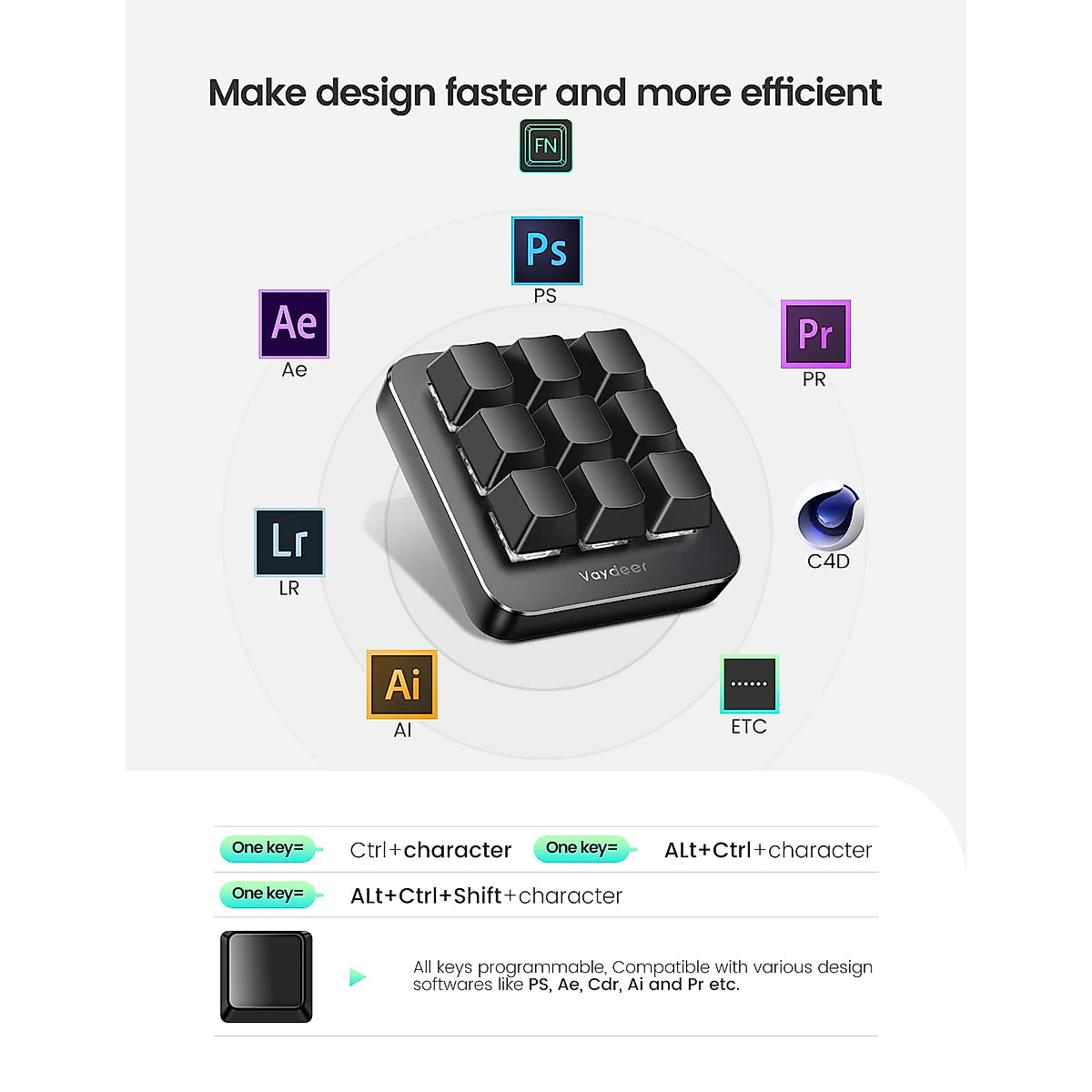 Vaydeer One-Handed Mechanical Keyboard Support NKRO, Hotkeys, One-Click Start,9 Fully Programmable Keys with Floating Window and Macro Multifunctional Keypad for iOS,Windows, Gift Idea for Him/Her