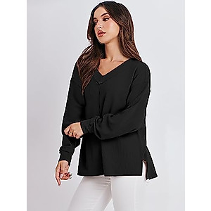 ANRABESS Women’s Casual Long Sleeve Sweatshirt V Neck Off Shoulder Shirt Loose Baggy Comfy Knit Pullover Sweaters Tunic Top 2023 Fall Clothes A1069heise-XL Black