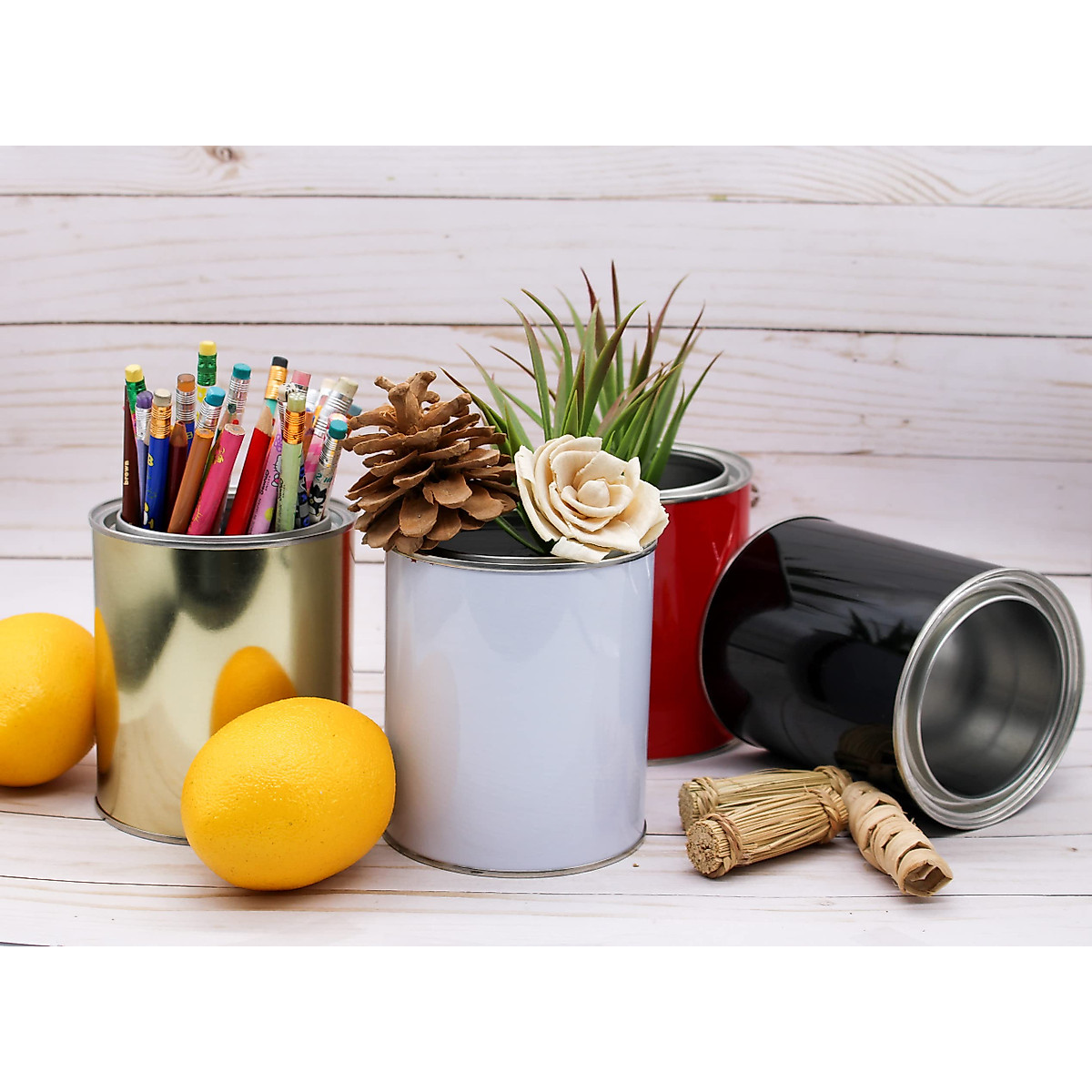 BLYSK Empty Metal Quart Paint Cans with Lids Paint Storage Containers Unlined Multipurpose for Art, Crafts DIY Free Can Open, Marker & Labels (8 White)