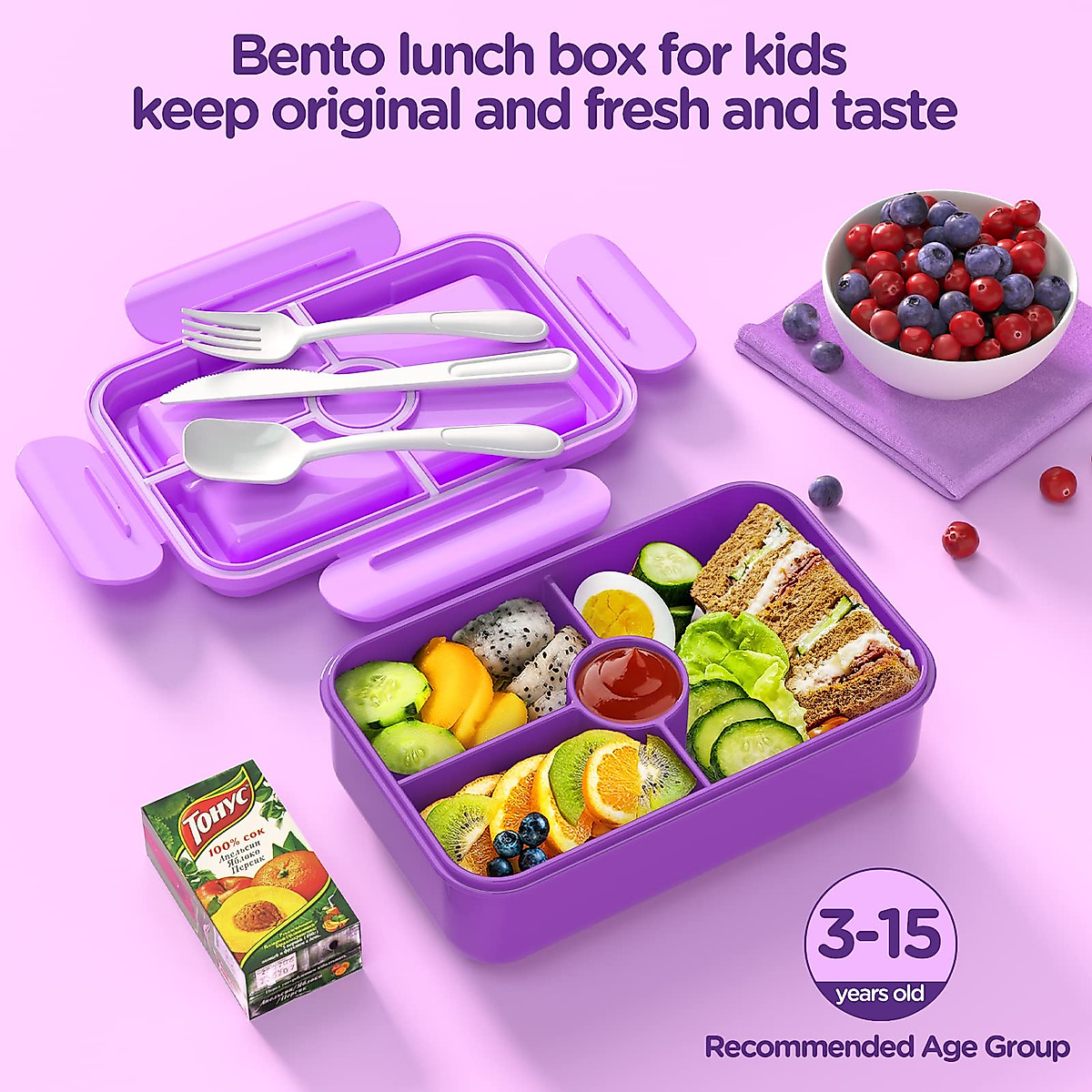 Jelife Lunch Box Kids Bento Box - Large Bento-Style Leakproof 4 Compartments Kids Lunchbox Food Containers with Utensils for Back to School, Reusable On-the-Go Meal and Snack Packing, Purple