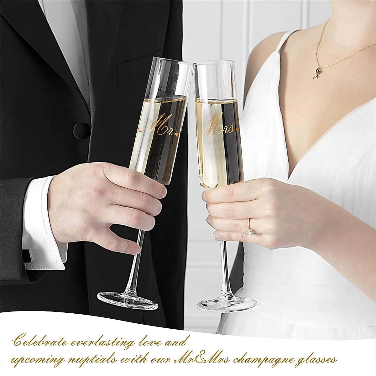 JUSTOTRY Wedding Cake Cutting Knife And Server Set Engraved Gold Mr And Mrs Champagne Flutes Glasses Bride And Groom Champagne Toast For Bridal Shower Engagement Gifts