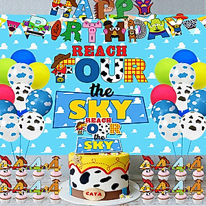Cartoon Story Party Supplies 4th Birthday include Reach Four The Sky Cake Topper Backdrop Cupcake Toppers Balloons Banner for 4th Boys Girls Birthday Decorations