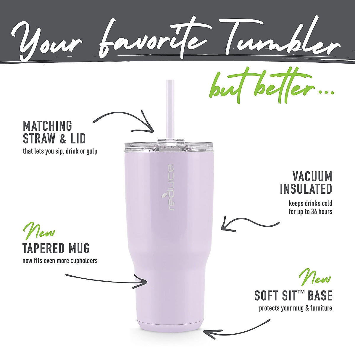 REDUCE Cold1 34 oz Tumbler with Lid and Straw - Vacuum Insulated Stainless Steel Water Bottle for Home, Office or Car; Reusable Cup with Leakproof Flip Lid, Keeps Drinks Ice Cold All Day - Gloss Lilac