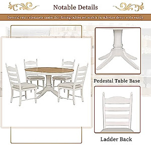 Tensun Dining Table Set, 5-Piece Retro Functional Dining Table Set, Wood Round Extendable Kitchen Table and 4 Upholstered Dining Chairs with Backrest for Kitchen, Living Room, Off White