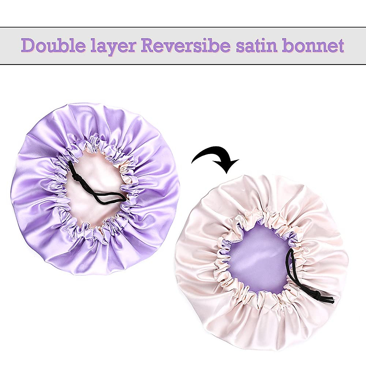greatremy Kids Satin Bonnet Sleep Cap,Double Layer Soft Elastic Baby Satin Natural Hair Bonnets with Adjustable Drawstring for Girl Boy Infant Toddler Child Sleeping (Reversible Champagne/Purple)