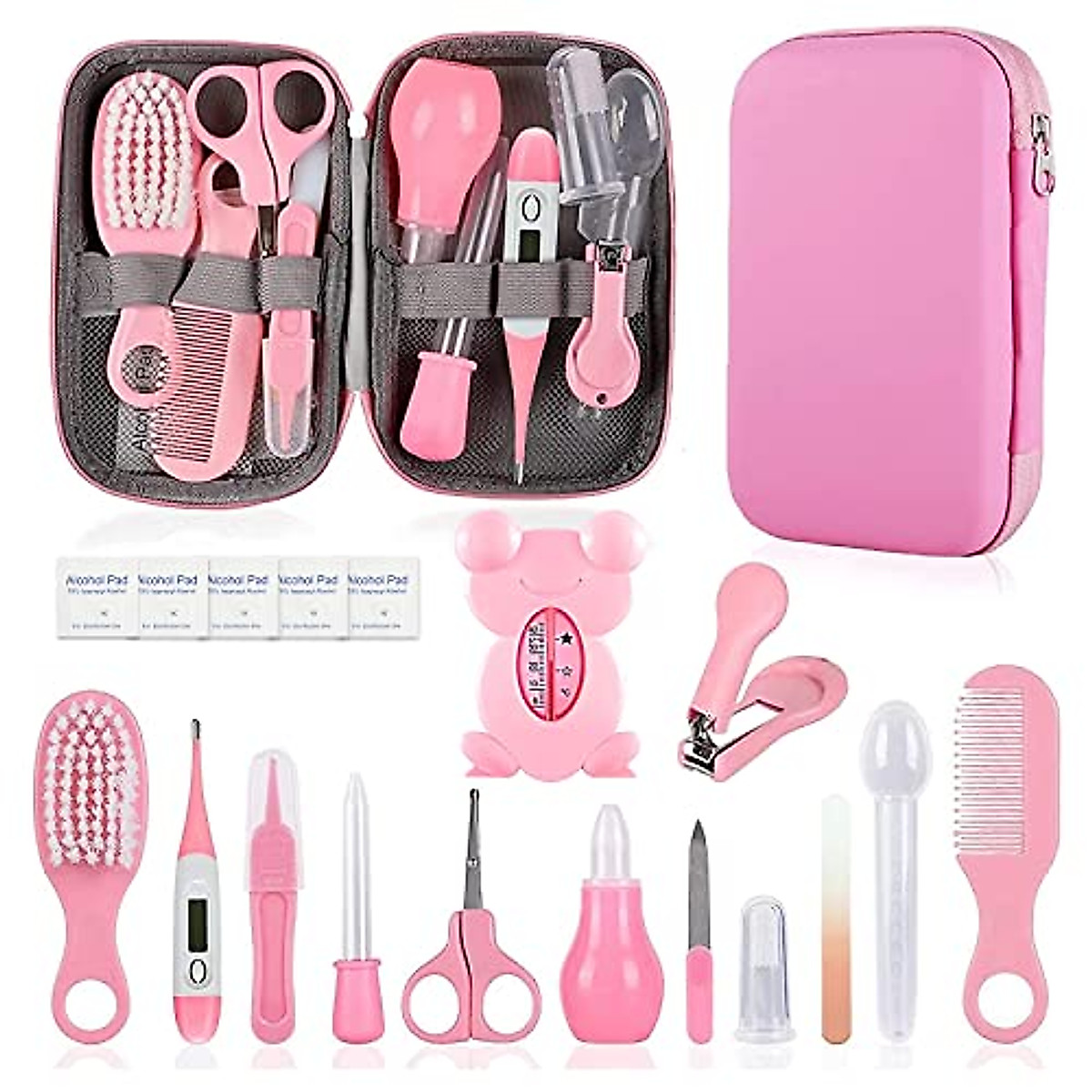 Baby Grooming Kit, Infant Safety Care Set with Hair Brush Comb Nail Clipper Nasal Aspirator Ear Cleaner,Baby Essentials Kit for Newborn Girls Boys (Pink Baby Grooming kit)