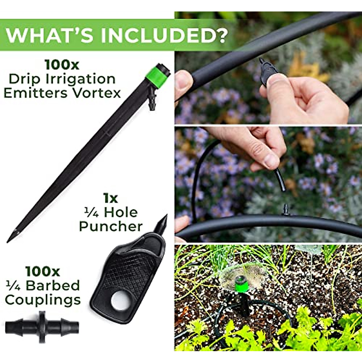 CARPATHEN 100 Drip Irrigation Emitters Vortex - Drip Irrigation Parts for Irrigation Kit - ¼ inch Irrigation Tubing Compatible - 360 deg Adjustable Fan Sprayer for Raised Garden Bed, Potted Plants