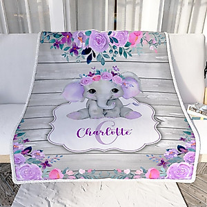 CenturyTee Personalized Baby Blanket Monogram Purple Floral Elephant Custom Nursery Swadding Boy Girl with Name Daughter Granddaughter Niece Birthday Fleece Blanket (30 x 40 in Baby Size)