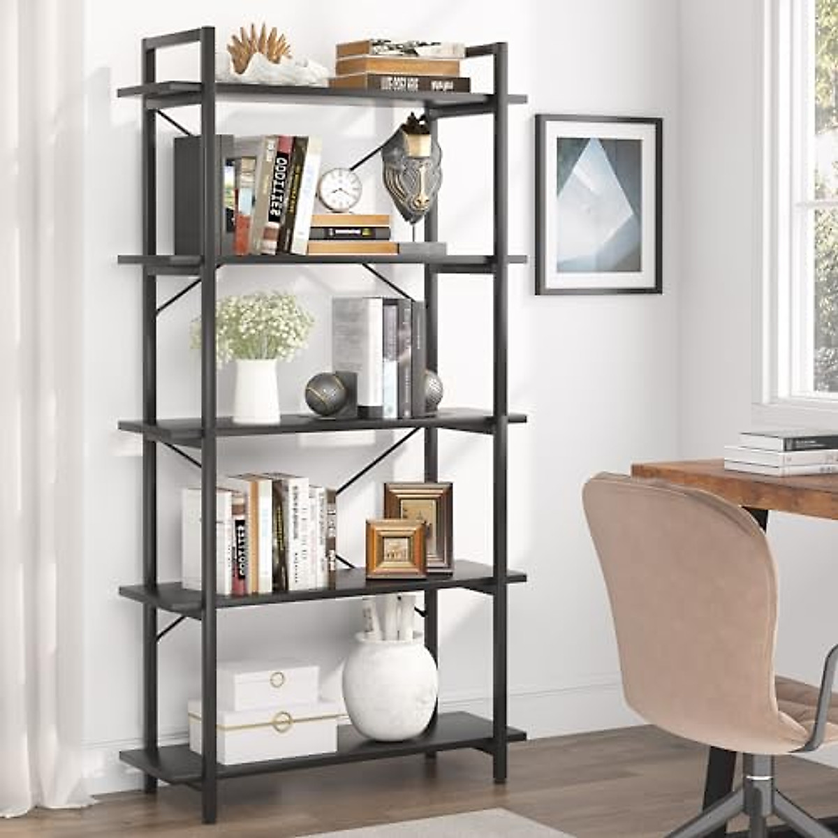 Tribesigns 5 Tier Black Bookshelf, Modern Etagere Bookcase with Metal Frame, Tall Book Shelf Unit for Living Room, Study, Home Office (2, Black)