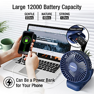 Portable Clip on Fan 65 Working Hours, Camping Fan with LED Lights & Hook, 12000 Capacity Battery Operated Fan with Clamp, USB Rechargeable Fan for Desk, Tent, Treadmill, Stroller, Golf Cart, Home