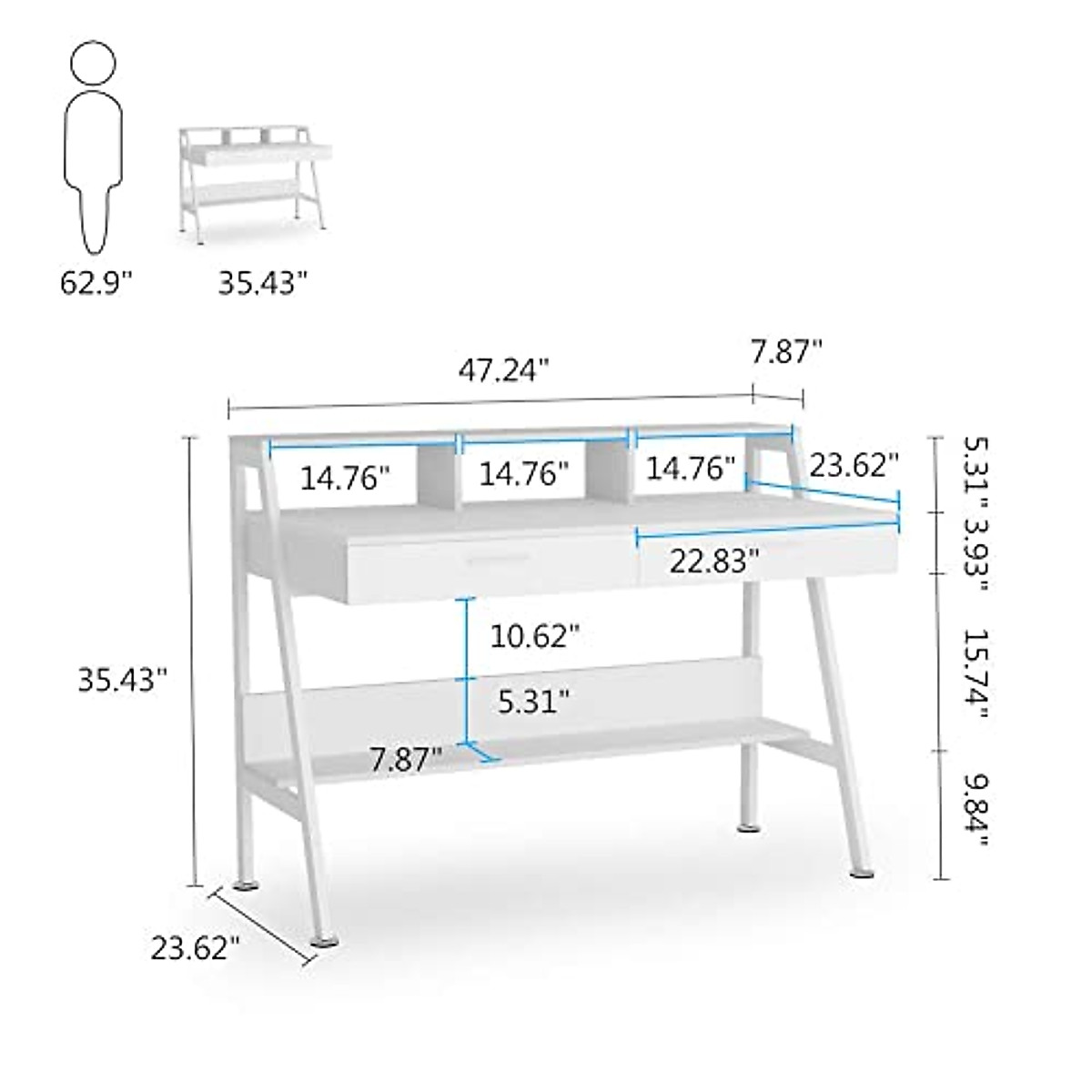 Tribesigns Computer Desk with Storage Shelf & Drawers, Modern 47 inch Office Writing Desk Study Table with Monitor Stand Riser for Home Office Use (White)
