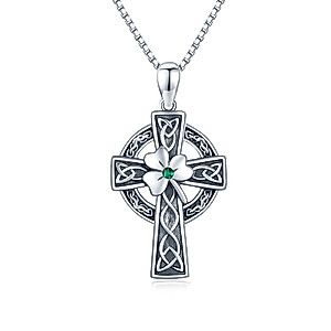TRISHULA Celtic Cross Necklace for Women, 925 Sterling Silver Good Luck Clover Necklaces Irish Celtic Knot Cross Vintage Shamrock Celtic Jewelry Gift for Women Girls Teen