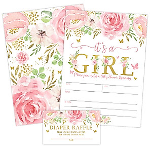 Your Main Event Prints It's a Girl Floral Butterfly Baby Shower Invitation, Pink and Gold Flowers Sprinkle Invites with Diaper Raffle Ticket Cards
