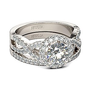 Jeulia Twist Halo Round Cut Sterling Silver Ring Set Cubic Zirconia CZ Eternity Engagement Anniversary Wedding Band Ring for Women with Gift Box (Silver, 9.5)