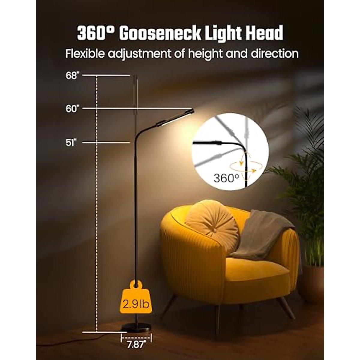【Upgrade】SUPERDANNY Double Side LED Floor Lamp, RGB & Dimmable Bright Task Light with 6500K-3000K-4000K Color Temps, Adjustable Gooseneck, Standing Office Lamp for Reading, Living Room, Bedroom, Home