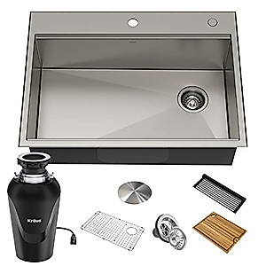 KRAUS Kore™ Workstation 30-inch Drop-In 16 Gauge Single Bowl Stainless Steel Kitchen Sink with Accessories (Pack of 5) with WasteGuard™ Continuous Feed Garbage Disposal, KWT310-30-100-75MB
