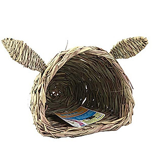heave Hand-Made Rabbit Grass Bed House,Natural Seagrass Hideaway Play and Chew Toys Woven Folding Hut for Rabbit, Guinea Pig, Gerbils, Hamster and Other Small Animals Wood Color