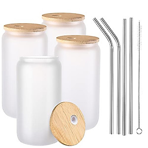JMScape Sublimation Glass Blanks with Bamboo Lid 4pcs Set, 16oz Frosted Glass Cups with Lids and Straws, Sublimation Beer Can Glass Tumblers, Sublimation Cups for Iced Coffee Soda Drinks Beer