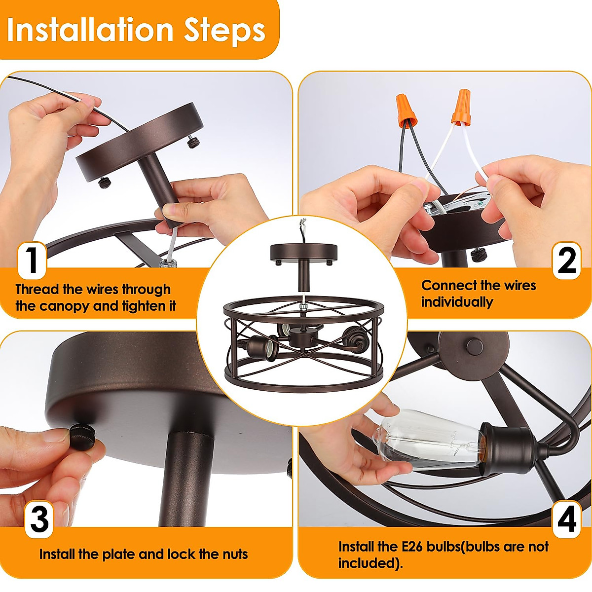 SunRider Industrial 3-Light Semi Flush Mount Ceiling Light, Bronze Farmhouse Lighting Fixture with Metal Cage, Retro Pendant Lamp for Hallway Kitchen