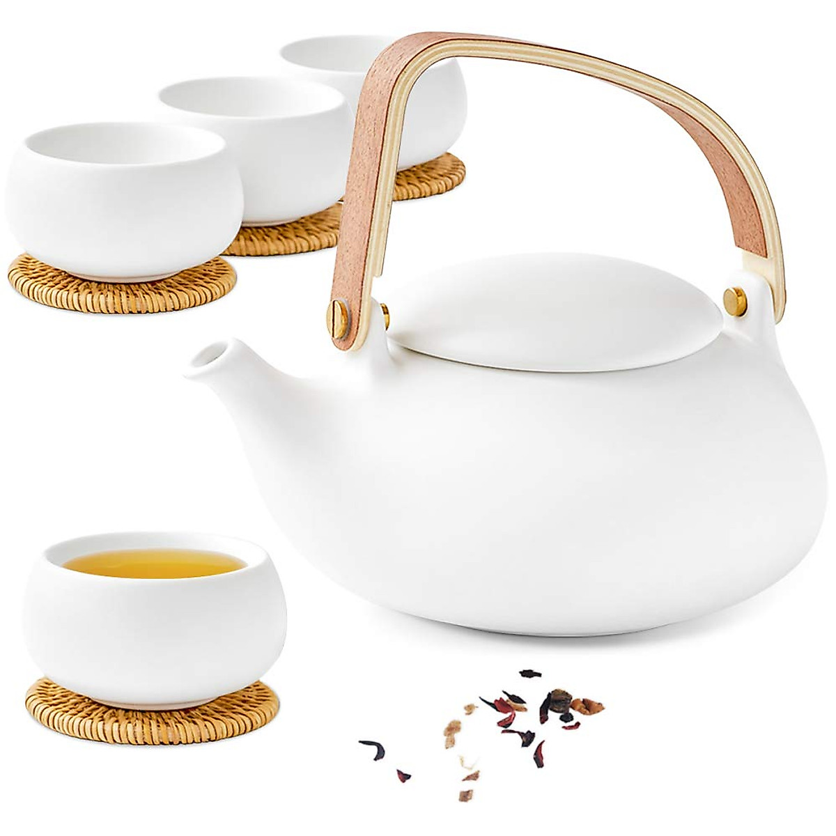 ZENS Ceramic Teapot with Infuser, Bentwood Handle Loose Leaf Japanese Tea Set, 27 Ounce Matte White Tea Pot with 4 Cups & Rattan Coasters for Women Gift