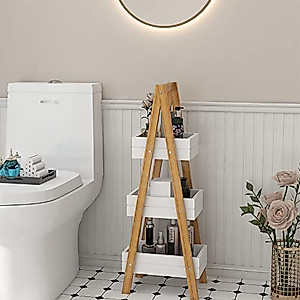 Bathroom Shelving Storage Rack with 3 Wooden Baskets White Mid-Century Modern Bamboo