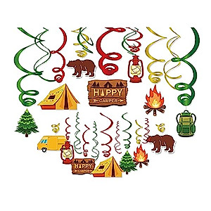 30CT Camping Hanging Swirl Party Decorations, Happy Camper Foil Swirls Camping Adventure Ceiling Streamers, Camping Theme Party Supplies Birthday Decoration for Kids Adults Baby Shower