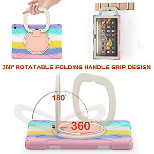 360 ° Rotation Portable Case for Fire HD 10 & 10 Plus Tablet（11th Generation, 2021 Release Rugged Case Rotating Stand Hand Strap Shoulder Carrying Strap Outdoor Cover (Colourful Pink)