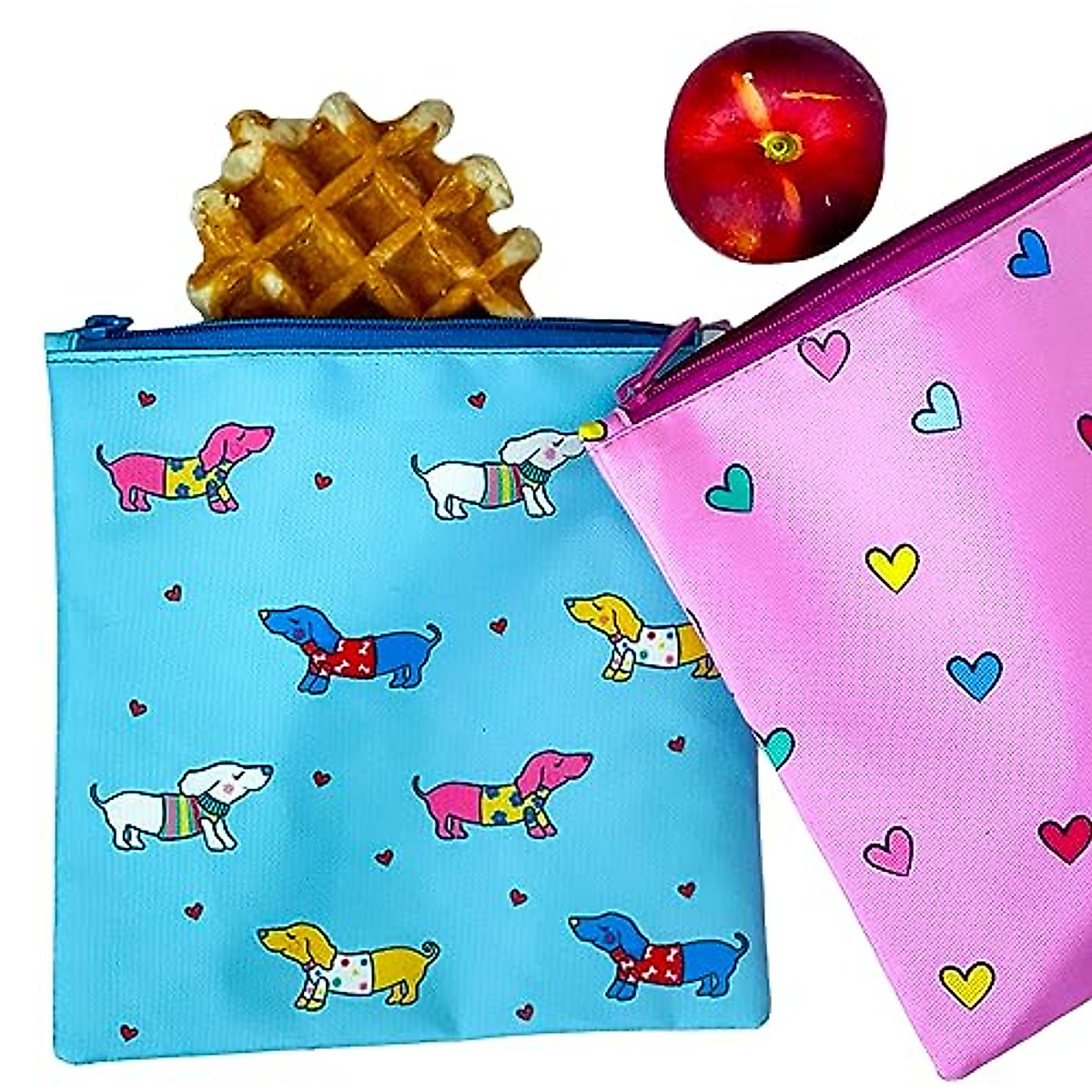 Yumbox Pochette 8x8 in. Large Reusable Sandwich & Snack Bag (2-Pack) - Eco-Friendly, BPA-Free, Water-Resistant, Easy-Wash - Woof & Hearts Design - Perfect for School, Work & Travel