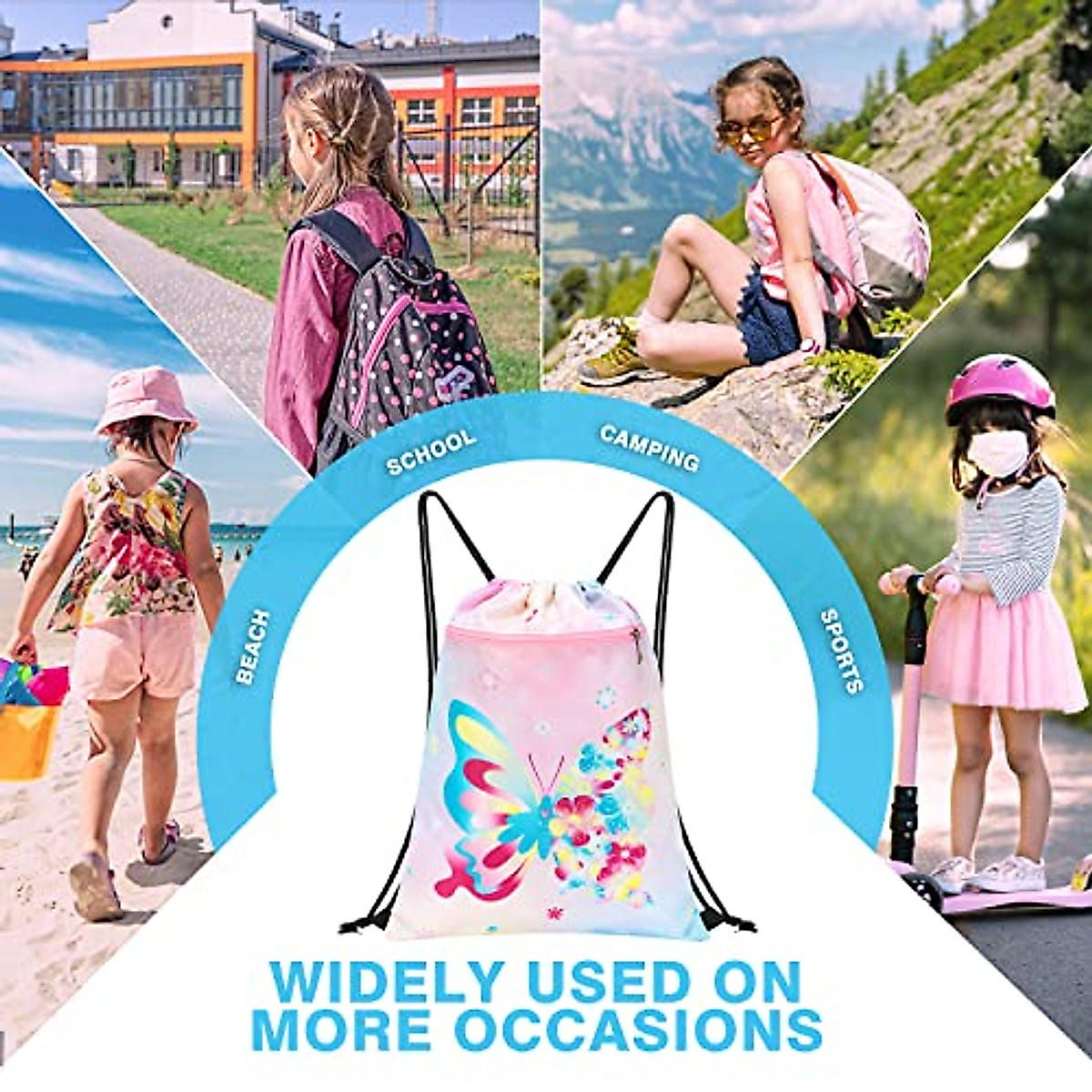 WAWSAM Butterfly Drawstring Backpack for Kids - 13" x 18" Sports Gym Bag for Girls Waterproof Beach Swimming Travel Sackpack Birthday Christmas Gift with Zippered Pocket