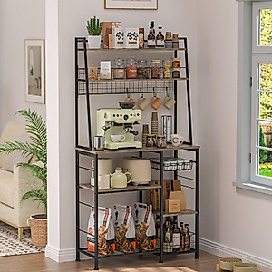 X-cosrack 5-Tier Coffee Bar Rack, Industrial Bakers Rack with Storage Shelves Hooks, Microwave Rack Organizer with Wire Basket Drawer for Kitchen, Coffee Station Pantry, (Rustic Brown)