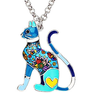 BONSNY Statement Enamel Alloy Chain Cat Necklaces Pendant Original Design For Women Jewelry Gift Charms (Blue)