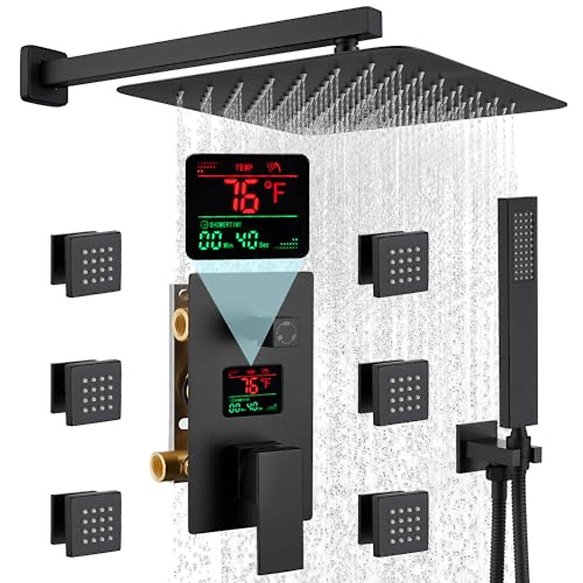 MONDAWE 12 IN Luxury Rain Mixer Combo System with 6-Jet and Handheld Spray, Wall Mounted Led Digital Display for 3-Spray Patterns, Matte Black