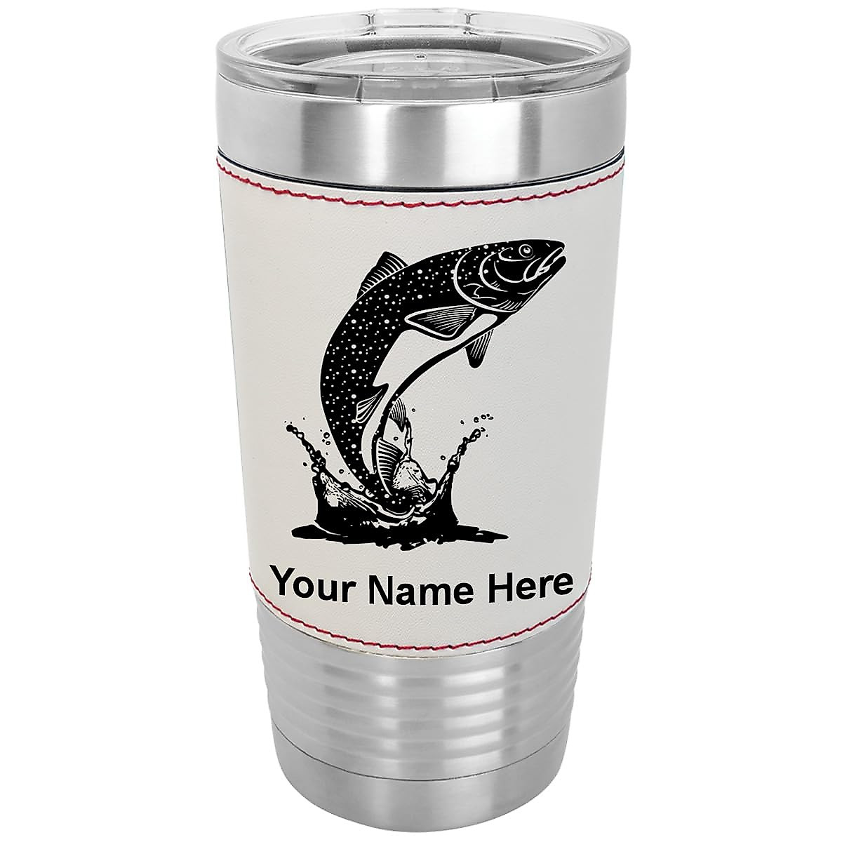LaserGram 20oz Vacuum Insulated Tumbler Mug, Trout Fish, Personalized Engraving Included (Faux Leather, Baseball Style)