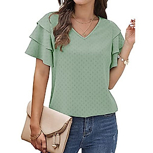 Blouses for Women Fashion 2023 Ruffle Sleeve Business Casual Tops Light Green XL