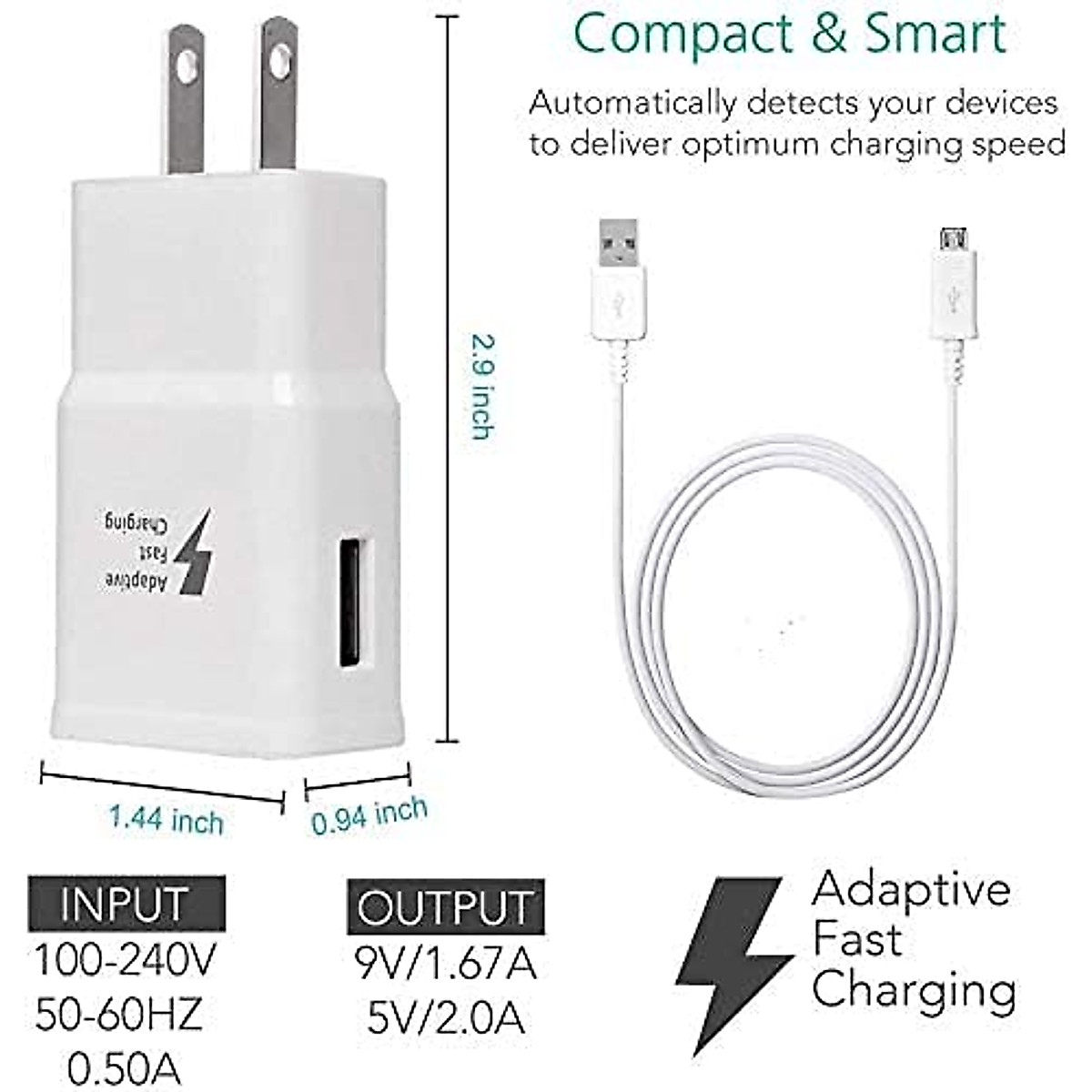 Adaptive Fast Wall Adapter Micro USB Charger for Samsung Galaxy S7 S7 Edge S6 S6 Edge Note 5 Note 4 J2 Prime J7 Prime A5 Bundled with UrbanX Micro USB Cable Cord - 6ft Super Fast Charging Kit - White