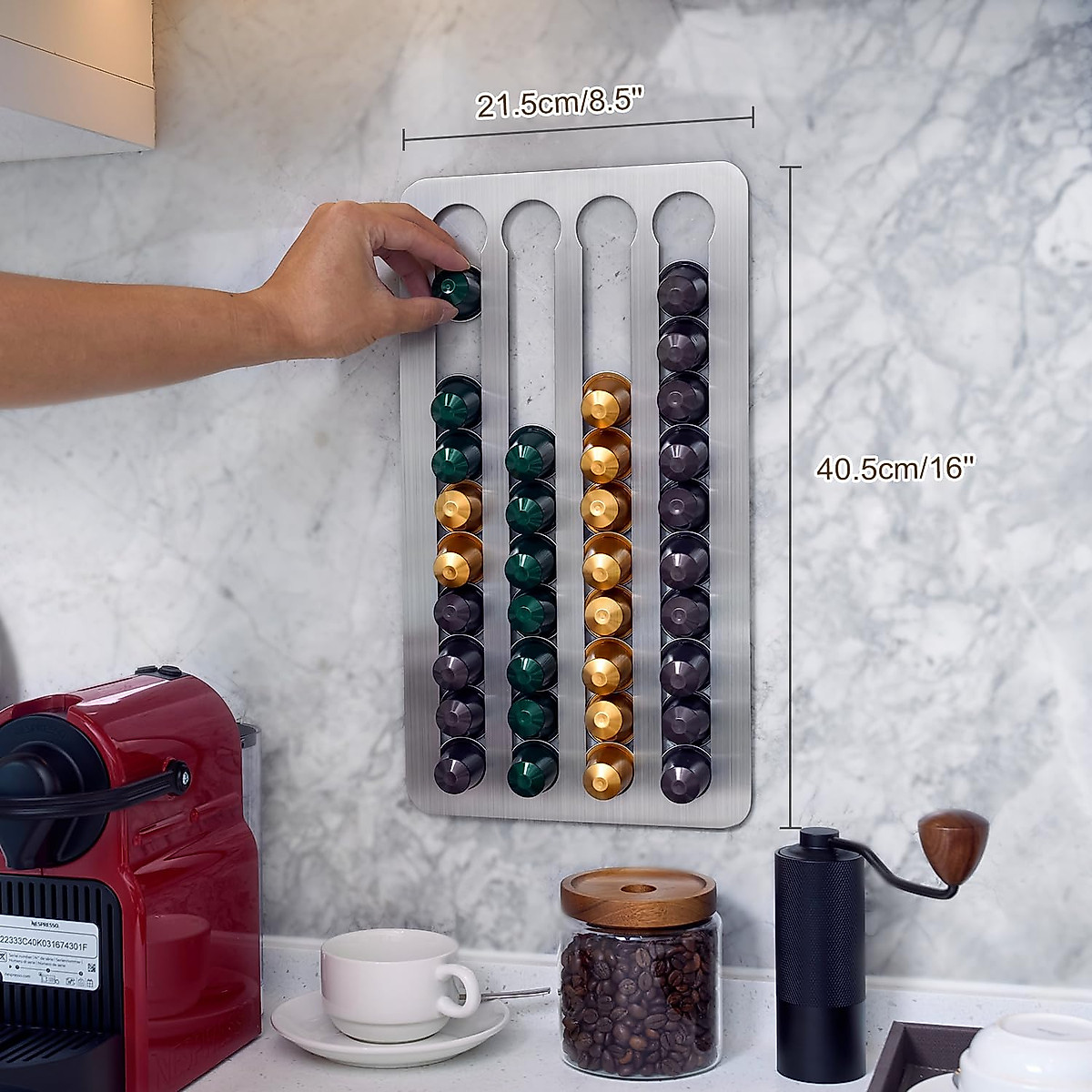 CusieryMax Coffee Pod Holder, Stainless Steel Adhesive 40pcs for Nespresso Original Line Pods, Coffee Pod Organizer Suitable for Kitchen Walls and Cabinets