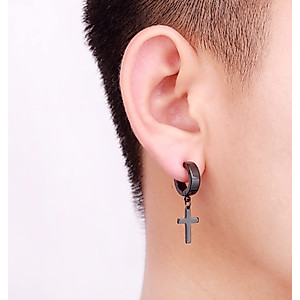 Stainless Steel Cross Earrings Set for Men Women Dangle Hinged Men Women Earrings Silver Gold Black (1 Pari Black)