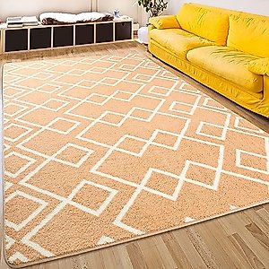 Rtizon Shag Rug for Living Room, 5x7 Feet Camel Area Rugs with Memory Foam for Bedroom Dorm, Fluffy Shaggy Moroccan Geometric Carpet for Girls Kids Nursery Play Room Indoor Decor