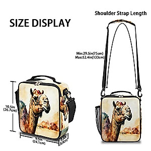 Insulated Lunch Bag, Vintage Watercolor Desert Camel Lunch Box Wide Opened Tote Reusable Lunch Container Organizer Thermal Cooler Bag with Shoulder Strap for School Office Picnic Hiking Beach Fishing