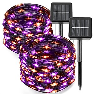 kemooie 2 Pack Total 200 LED Solar Halloween Lights, 8 Twinkle Modes Upgraded Solar Powered Fairy Lights, for Outdoor, Garden, Balcony Party Halloween Decorations (Purple and Orange)