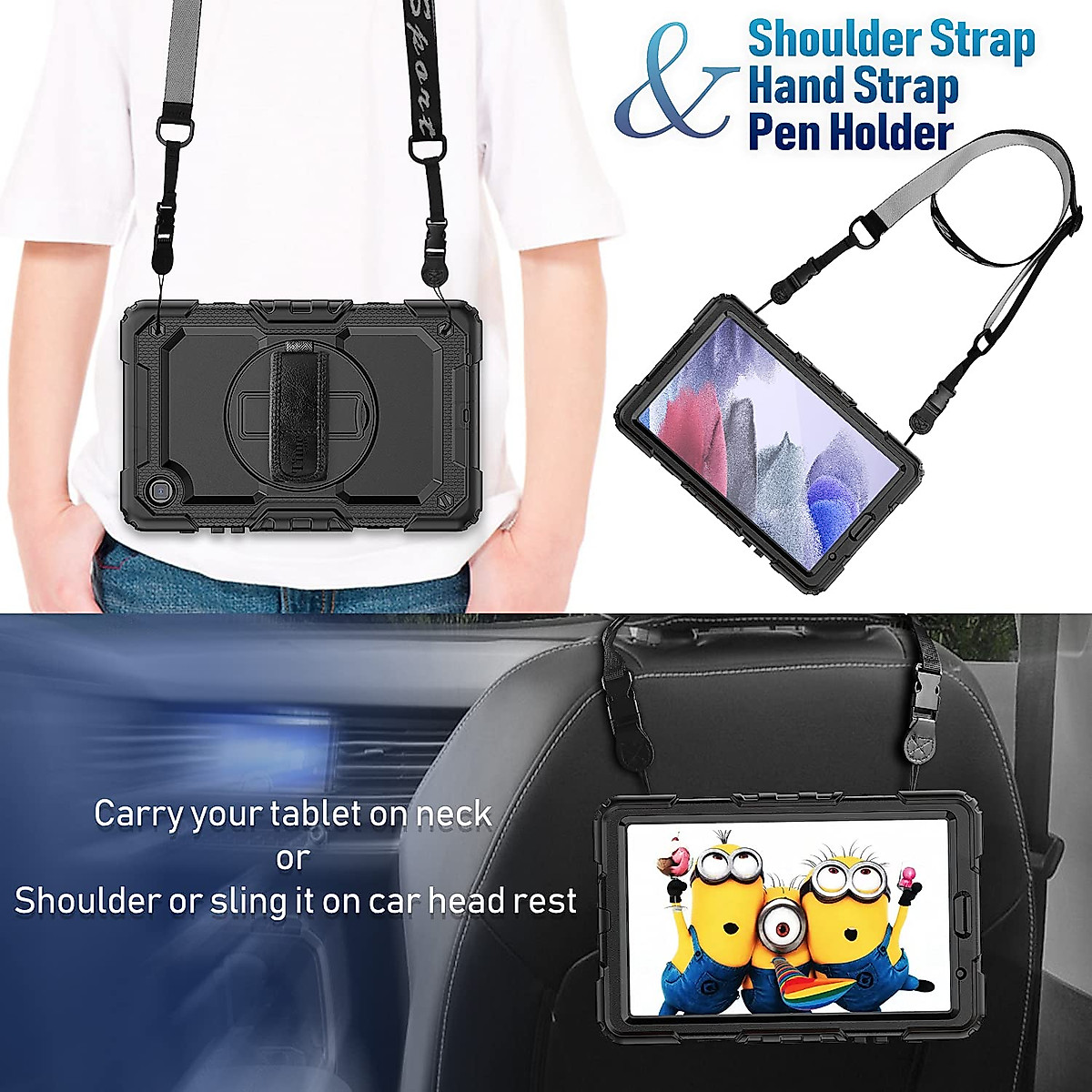 Timecity Case for Samsung Galaxy Tab A7 Lite 2021 8.7'' SM-T220/T225/T227 with Screen Protector, Heavy Duty Rugged Full-Body Protective Case with 360 Rotating Stand, Hand/Shoulder Strap Case, Black