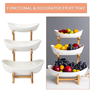 Goyappin 3 Tier Ceramic Fruit Bowl, with Bamboo Wood Stand, White Kitchen Fruit Basket Stand Fruit Serving Tray Set for Vegetable Storage, Snack Dessert Cake Candy Tray Plate Holder
