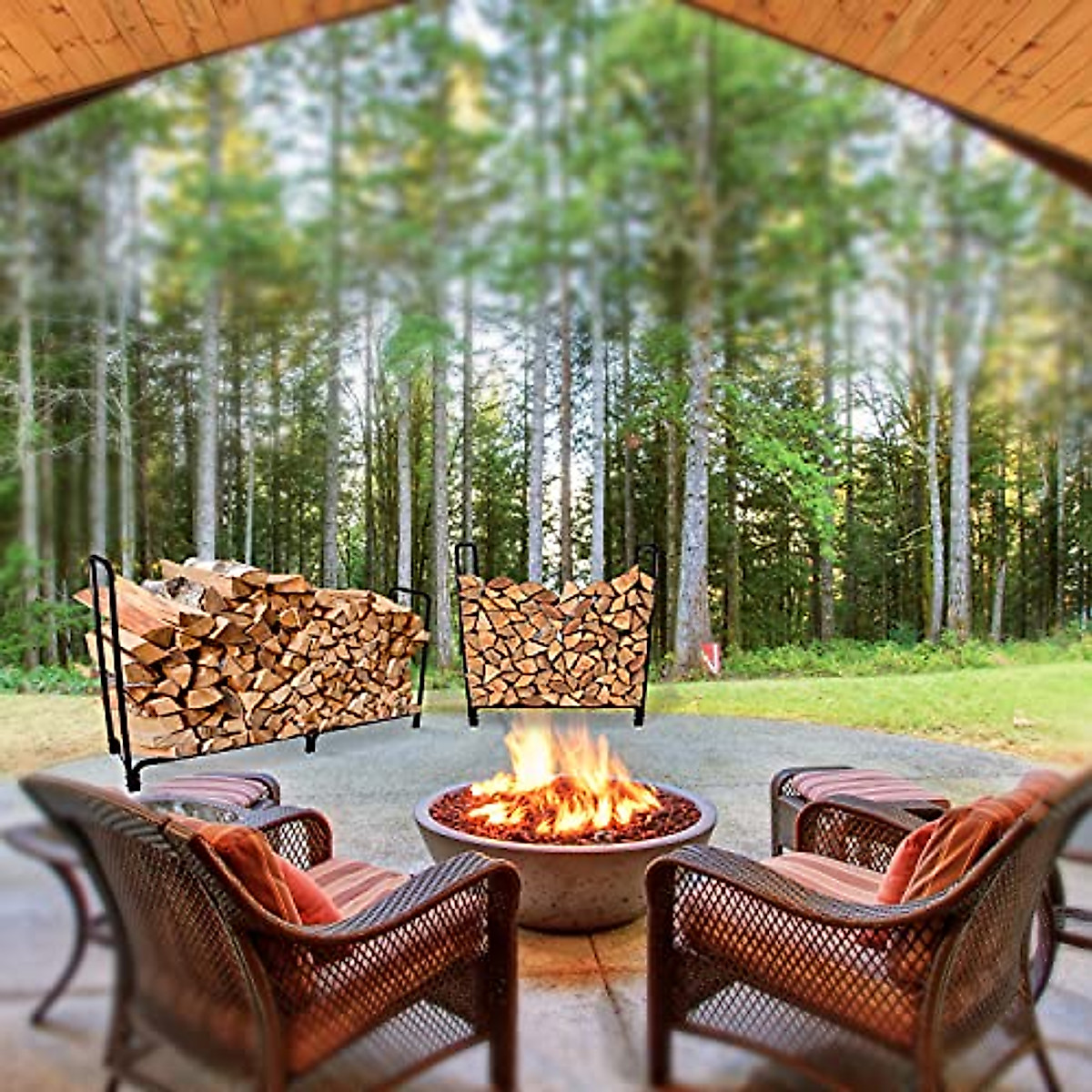 BACKYARD EXPRESSIONS PATIO · HOME · GARDEN 913559 8ft Outdoor | Heavy Duty Log Firewood Storage Rack Holder, Durable Tubular Steel, Easy Assembly, Holds (1) Face Cord of Fire Wood, Black