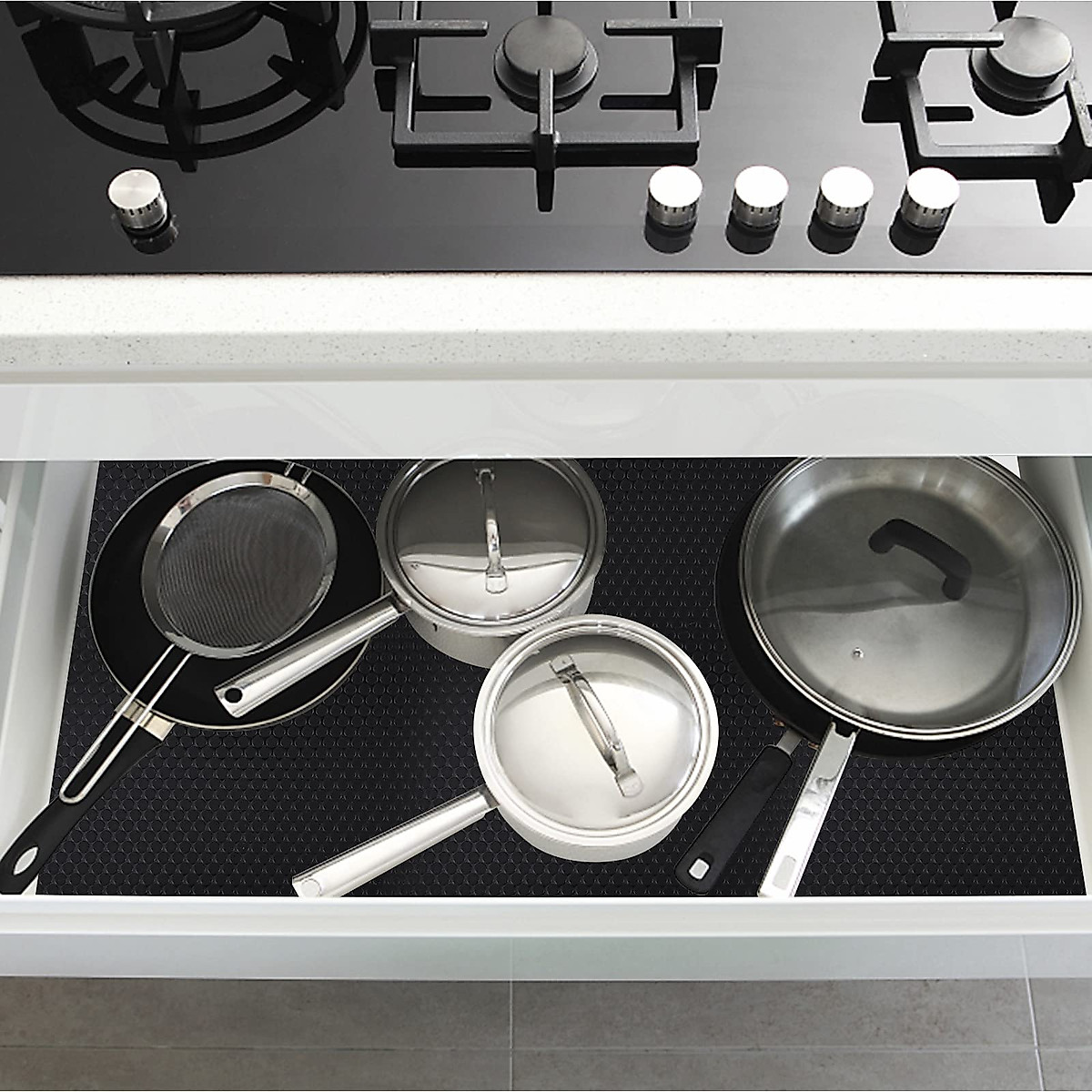 Gocfami Shelf Liners for Kitchen Cabinets, 17.7''x78.7'', Non Adhesive Drawer Liners for Cupboard,EVA Material Non Slip Black Shelf Liners,Waterproof & Durable Cabinet Mat for Bathroom/Pantry/Desk