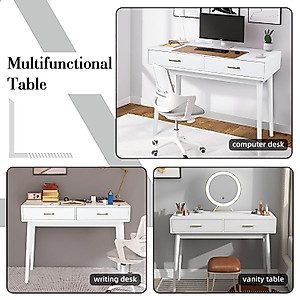 Rotihom Small White Desk with 2 Drawers, Modern Writing Desk for Small Spaces, Home Office Desk for Study, Laptop Computer Desk for Work, Makeup Vanity Table for Bedroom (White)
